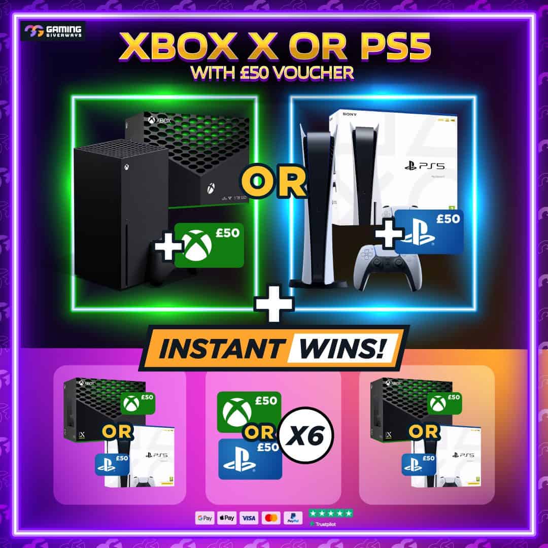 Xbox X Or PS5 + £50 Voucher + 8 instant wins #1 - Gaming Giveaways
